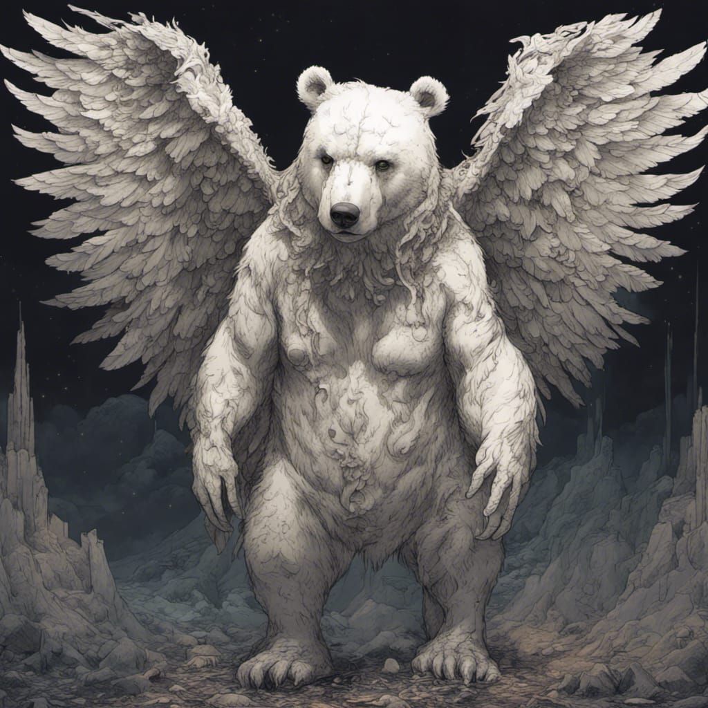White eyes Haunting Darkness withered vintage winged Obese Bear, with ...