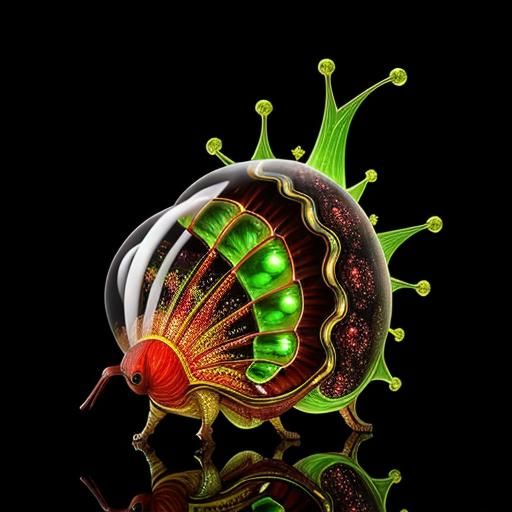 Transparent glass snail-shell filled with bioluminescent fractal plants ...