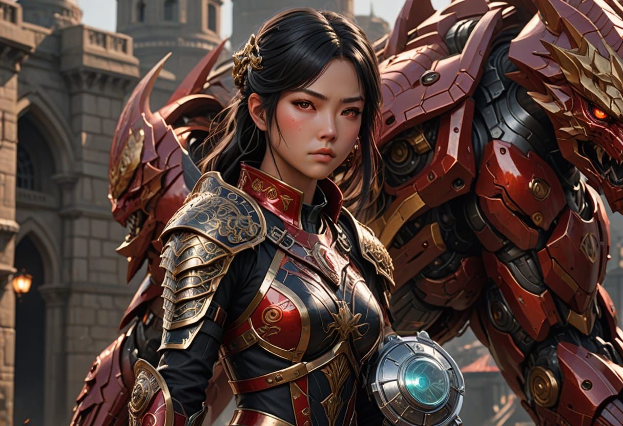 Mecha rider - Determined Female Warrior in Red and Gold Armo...