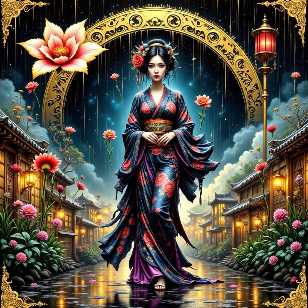 Geisha - Gothic Punk Geisha in Rain, Mixed Media Style