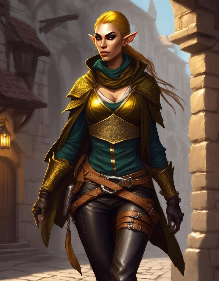 half human half gold elf beautiful female thief, rogue, wearing thief ...
