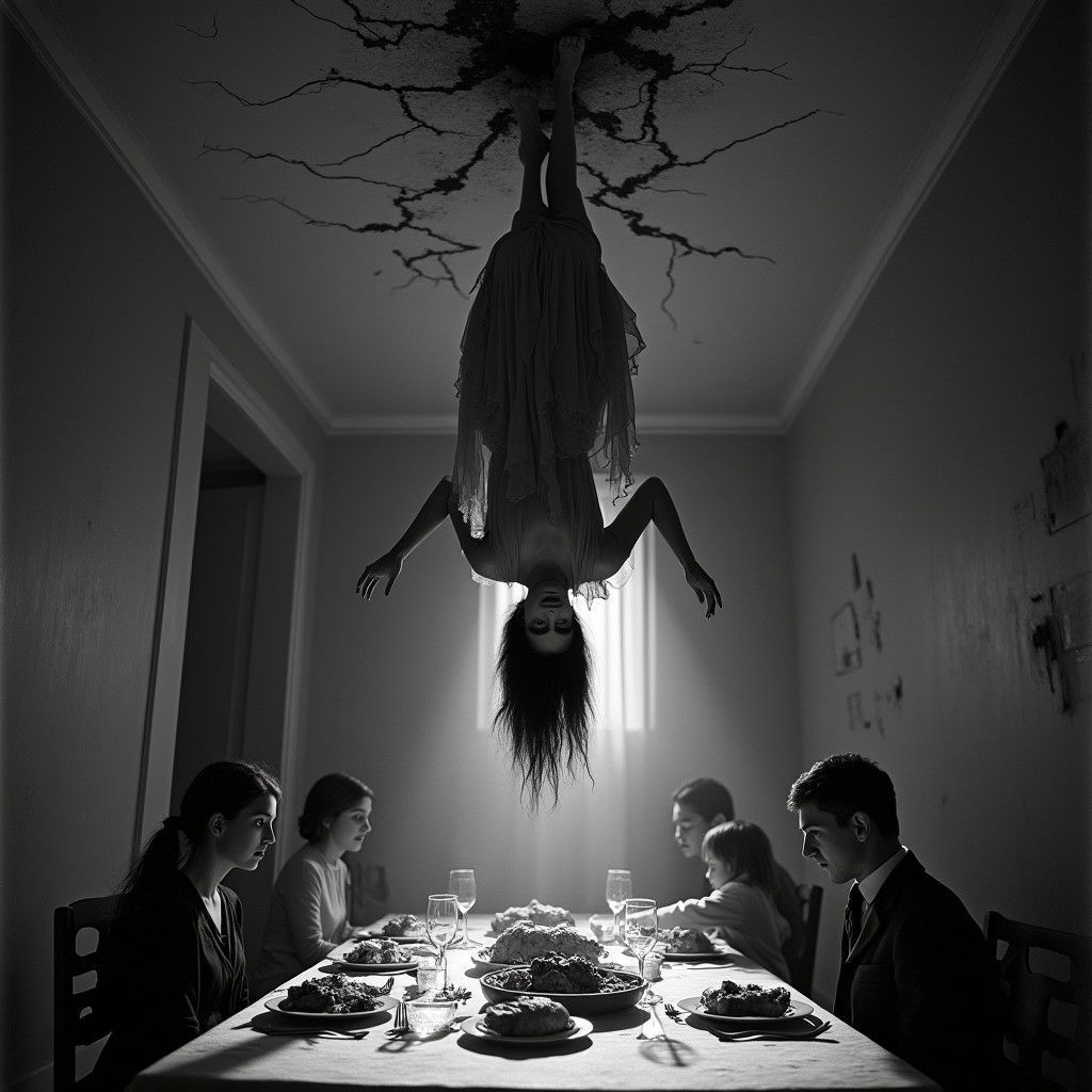 A woman is upside down on a ceiling, horror, a family eats dinner ...