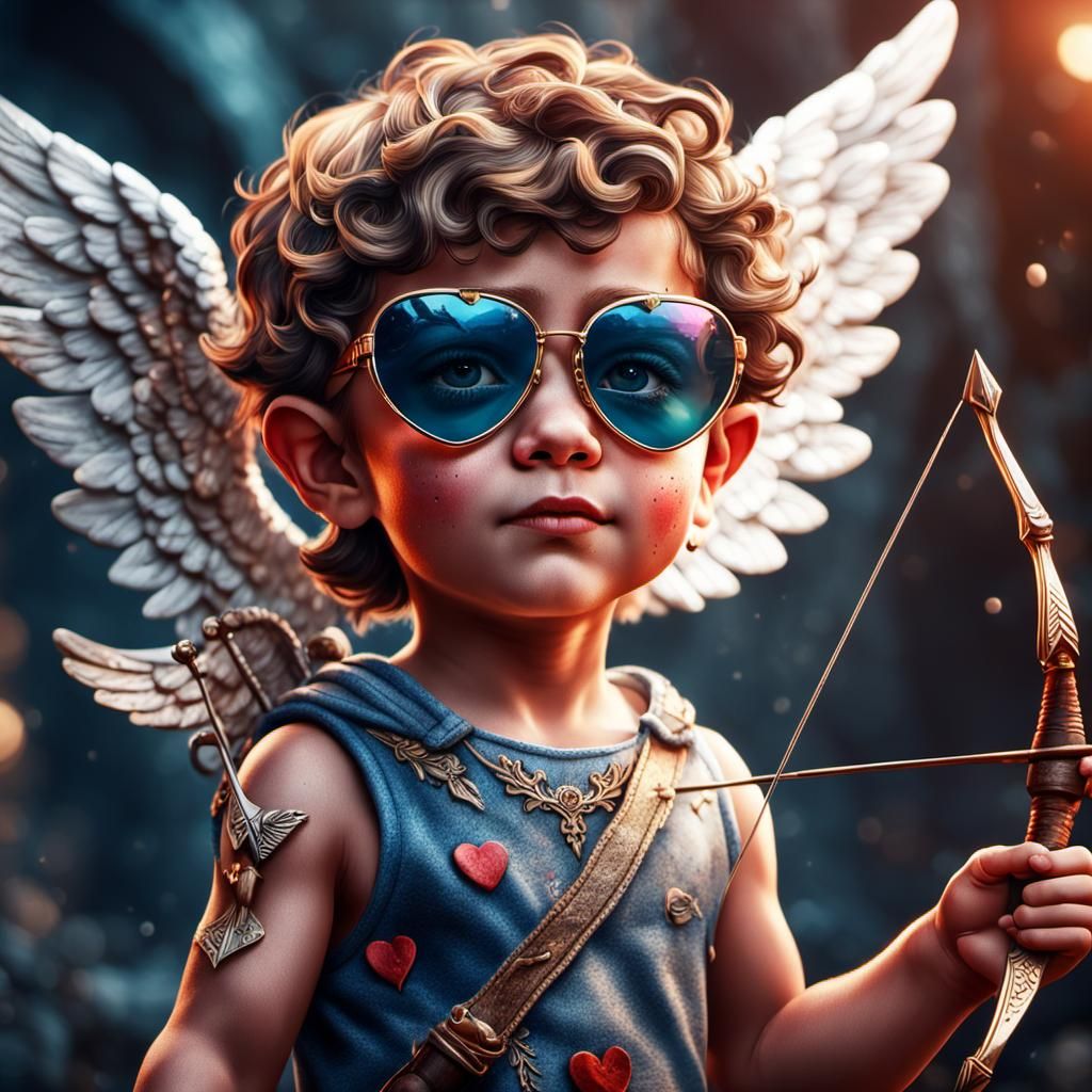 Photo portrait of a cute little blind cupid with sunglasses shooting ...