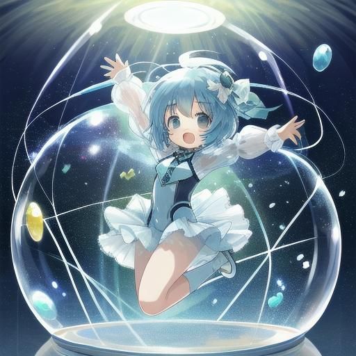 A chibi moe style girl with short light blue hair jumping very high in ...