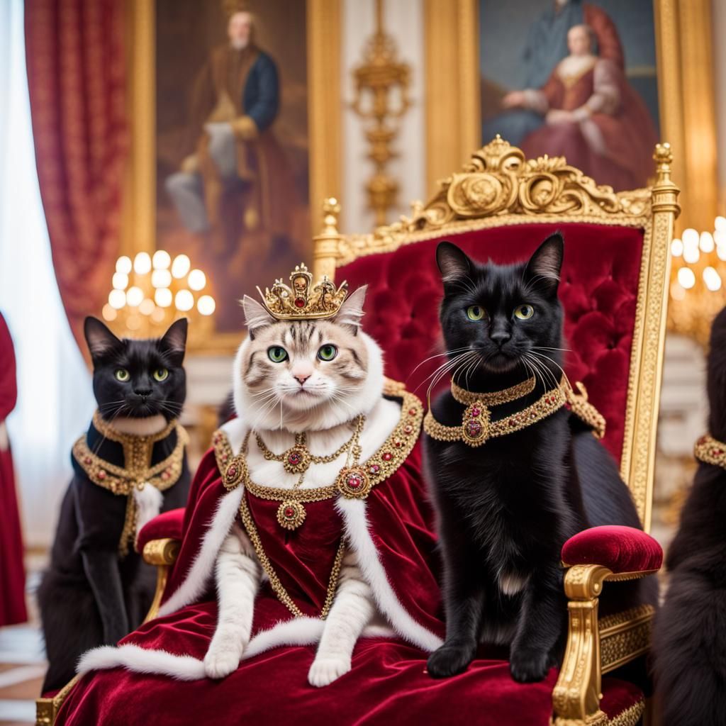 Cats dressed as Queen Victoria and the Royal Family in the throne room ...