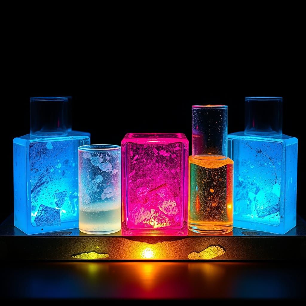 Abstract Frozen Beakers with Luminescent Pyrite - AI Art