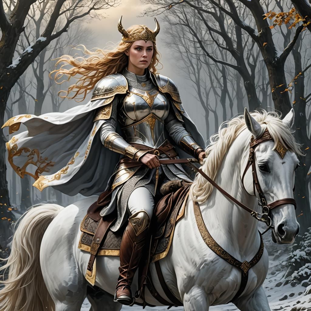 Beautiful valkyrie Brunnhilde on the white horse Grane. - AI Generated ...