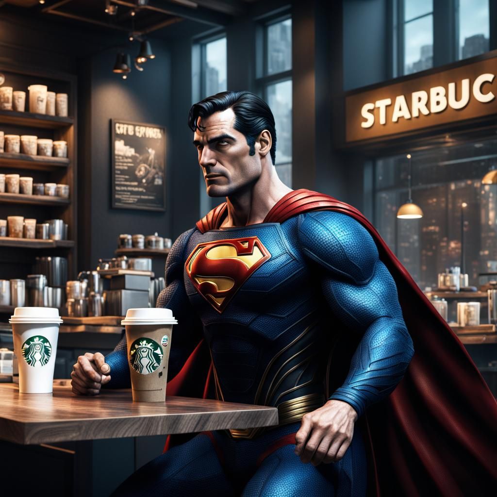 Superman having a Starbucks coffee. - AI Generated Artwork - NightCafe Creator