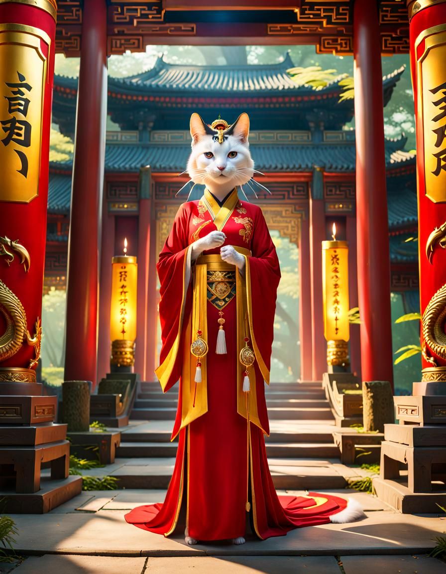 An anthropomorphic Dragon Li cat imagined as a Chinese Goddess wearing ...