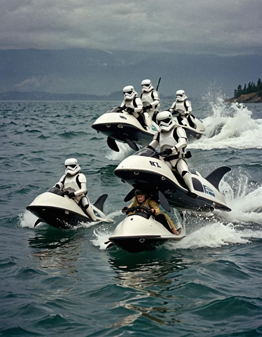 Photo kodachrome. California 1965. Storm troopers riding orcas as if ...