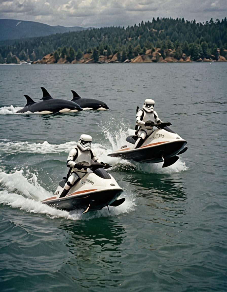 Photo kodachrome. California 1965. Storm troopers riding orcas as if ...