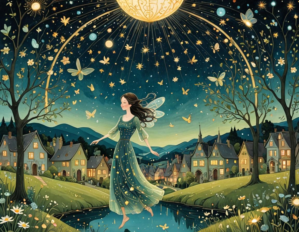 Flying shining firefly as a person, anthropomorphic (Bioluminescence:1. ...