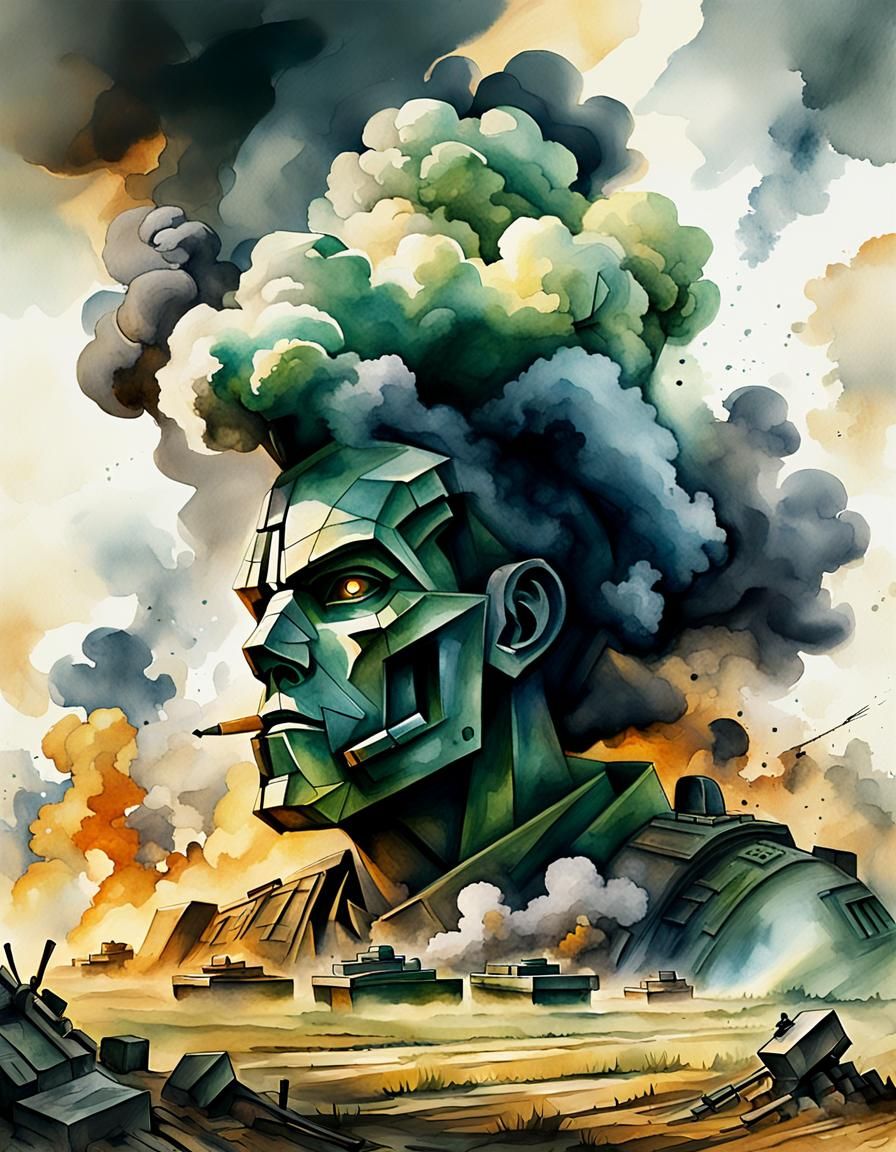 smoke billows across an empty battle field in the smoke a battle is ...