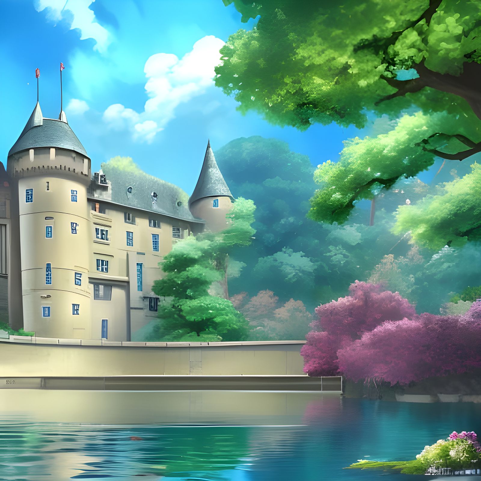 Un château médiéval le reflet du chateau dans l'eau avec une verdure luxuriant 1080hd 4k ...