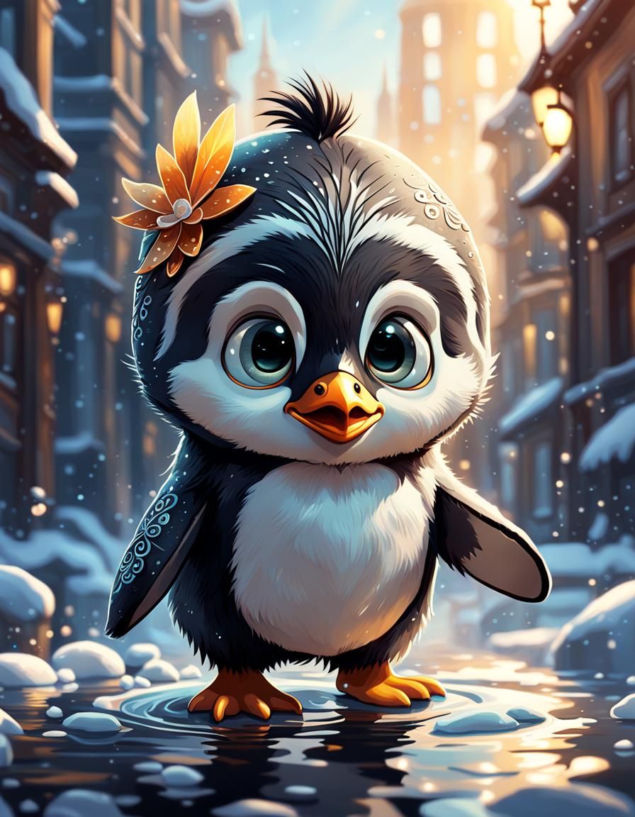 Chibi adorable focused toddler cute cartoon pinguin : extreme detail ...