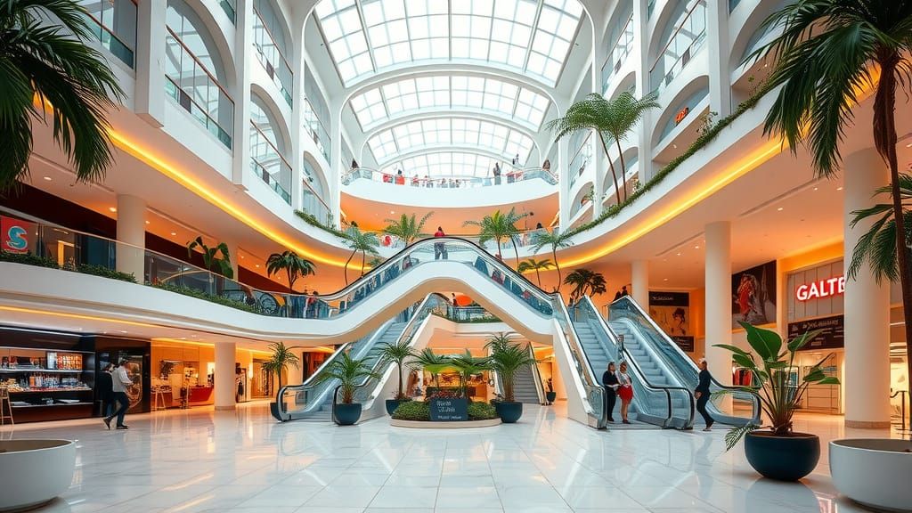early 2000s mall interior with a spacious atrium, lined with glass ...