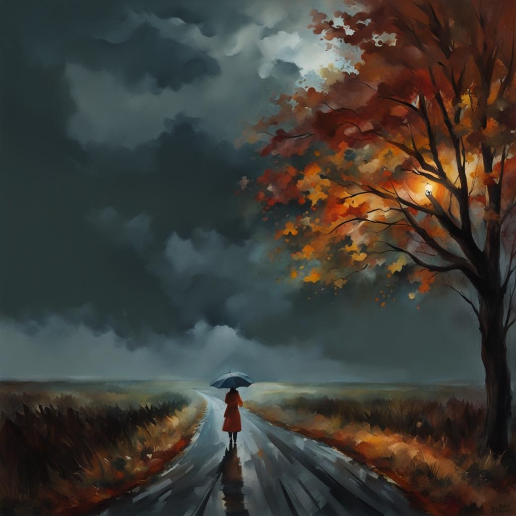 Autumm is here. Windy, light rainy, a woman with an umbrella is wandering through the landscape ...