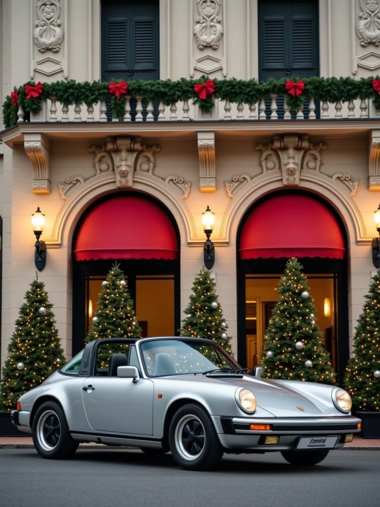 Silver Porsche 911 Carrera 3.2 Targa in Festive Wi... - AI Art
