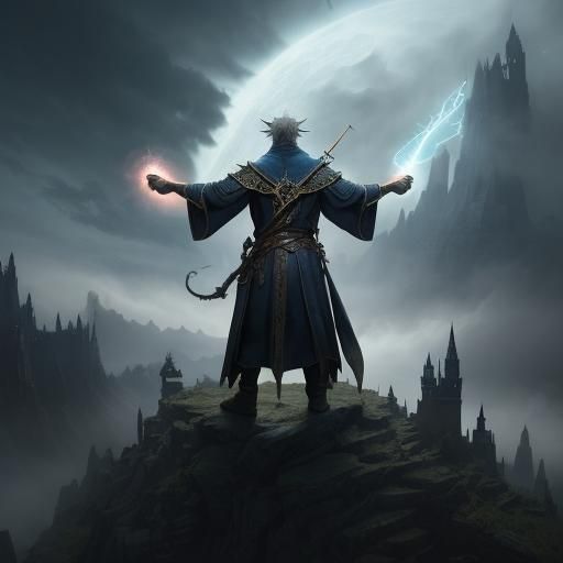 Wizard casting an awesome spell for a class of young apprentice wizards ...