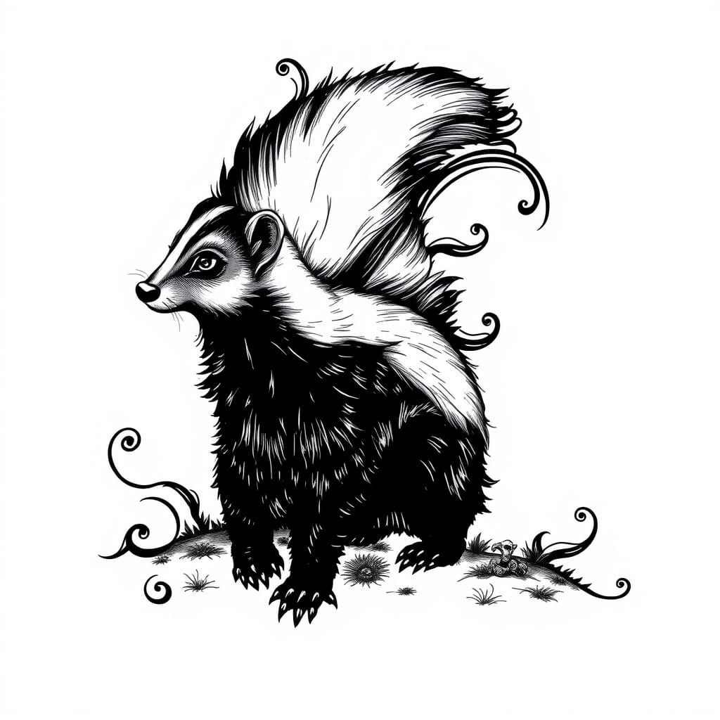 Ornate Black and White Ink Drawing of a Skunk - AI Art