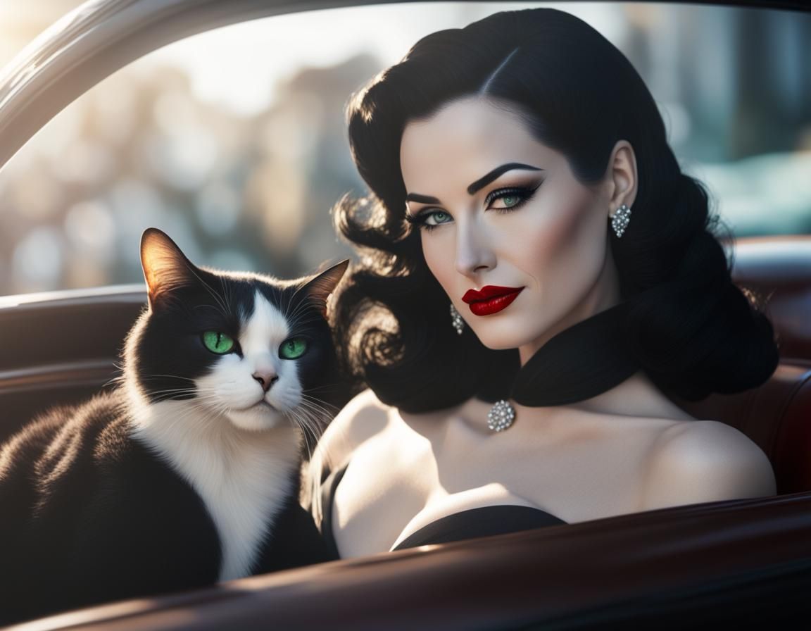 Dita von Teese with black hair and natural green eyes with Winged cat eyeliner and Red lipstick ...