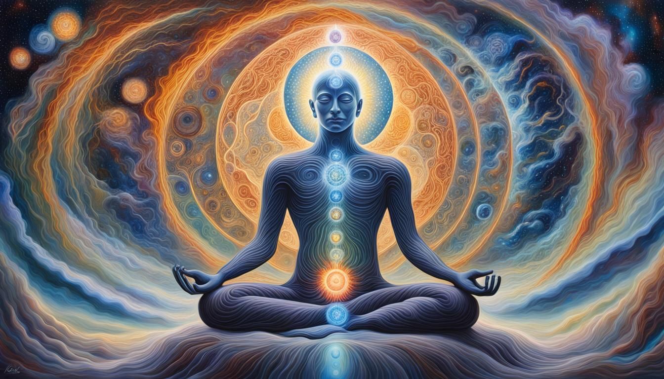 An ethereal oil painting portraying a meditating figure surrounded by ...