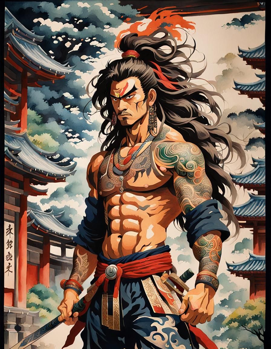 (akira toriyama art of a handsome overly muscular warrior with lush ...