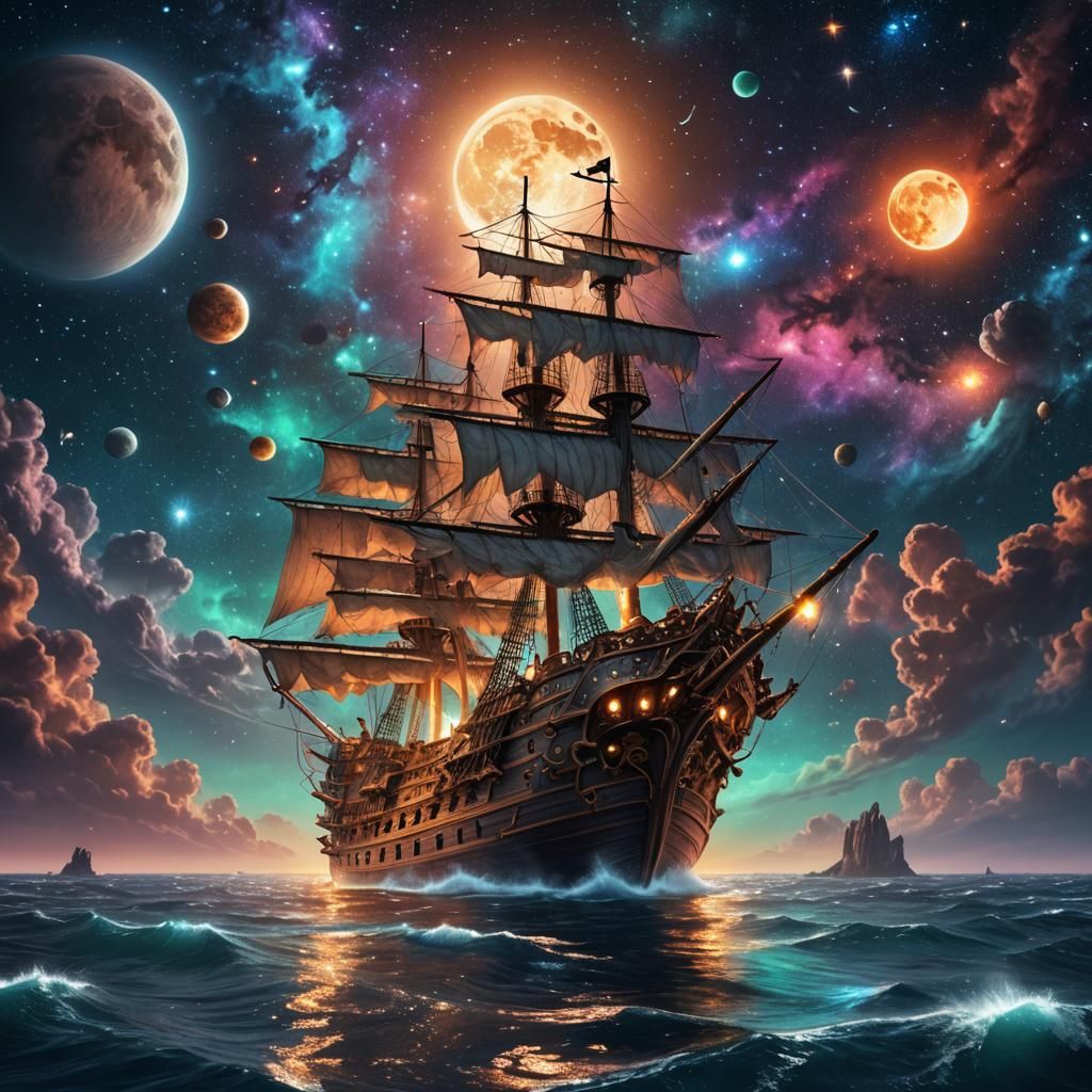 Cosmic Sail - Ethereal Cosmic Dreamscape in Panoramic Wonder