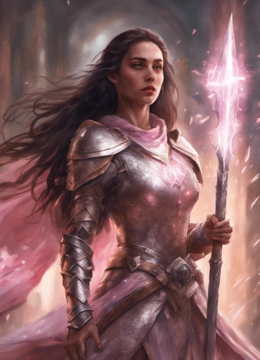 A long haired brunette, pale skinned elf woman wearing chain mail ...