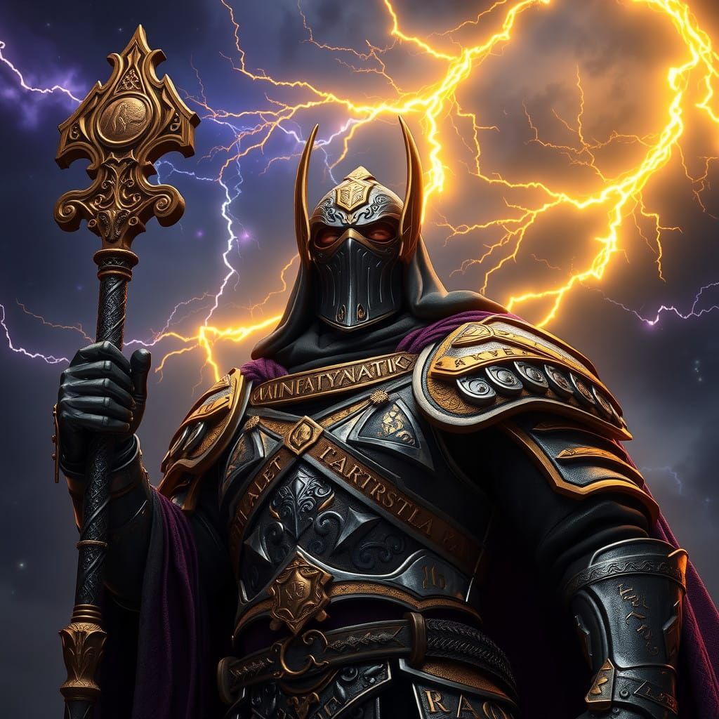 A majestic, heavily armored masked wizard stands heroically, his ...