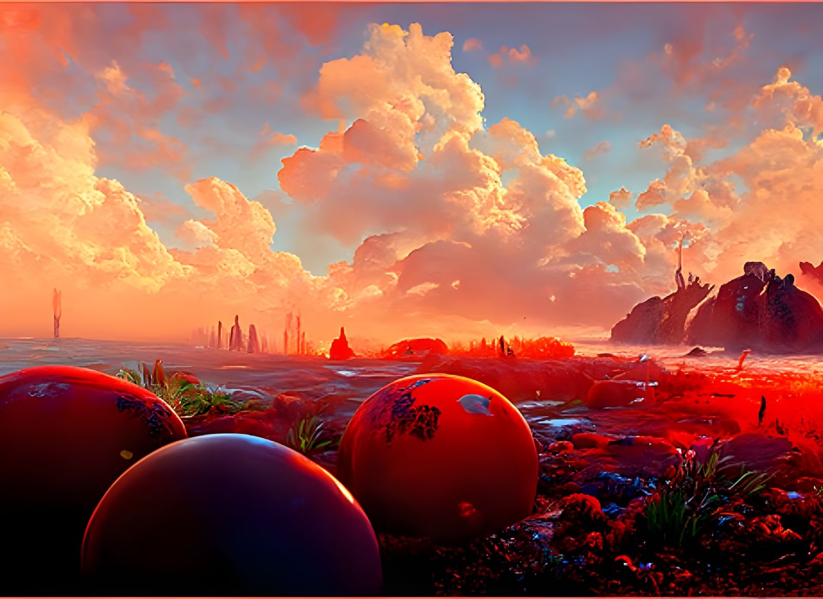 Beautifully strange painting of an alien tropical island. Orbs and ...