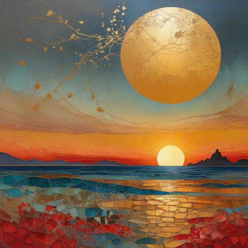 Kintsugi Full Moon - Impasto Kintsugi Artwork under Vibrant...