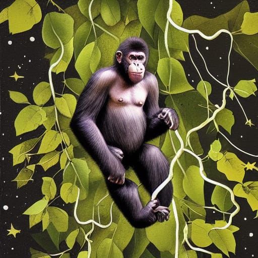 A lonely ape, hanging onto a vine, in outer space - AI Generated ...