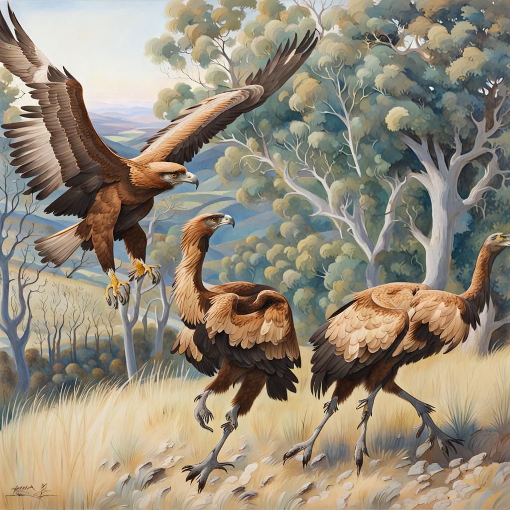 Haast's Eagle and Moa - AI Generated Artwork - NightCafe Creator