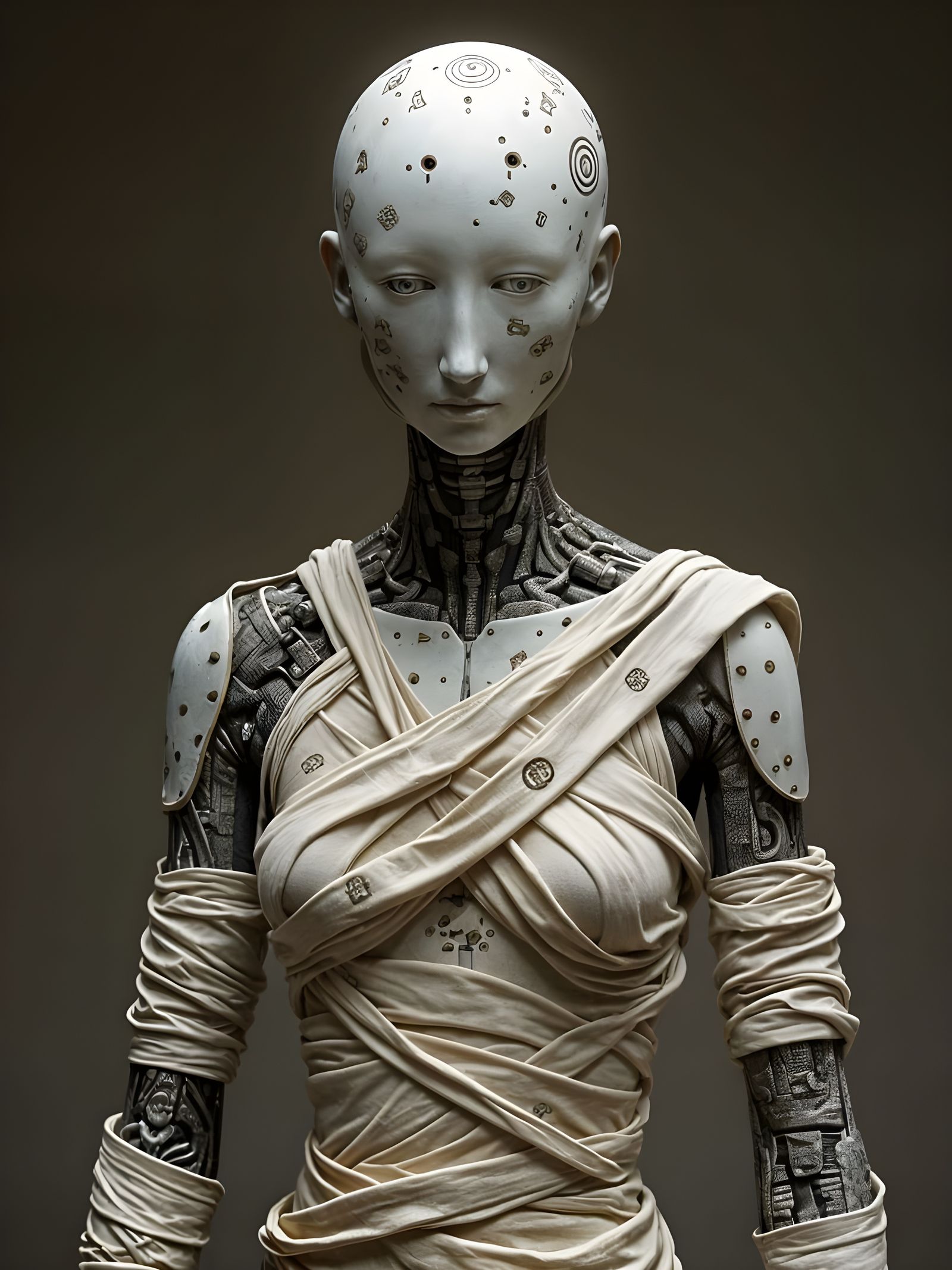 A humanoid android wrapped in ancient linen bandages with arcane ...