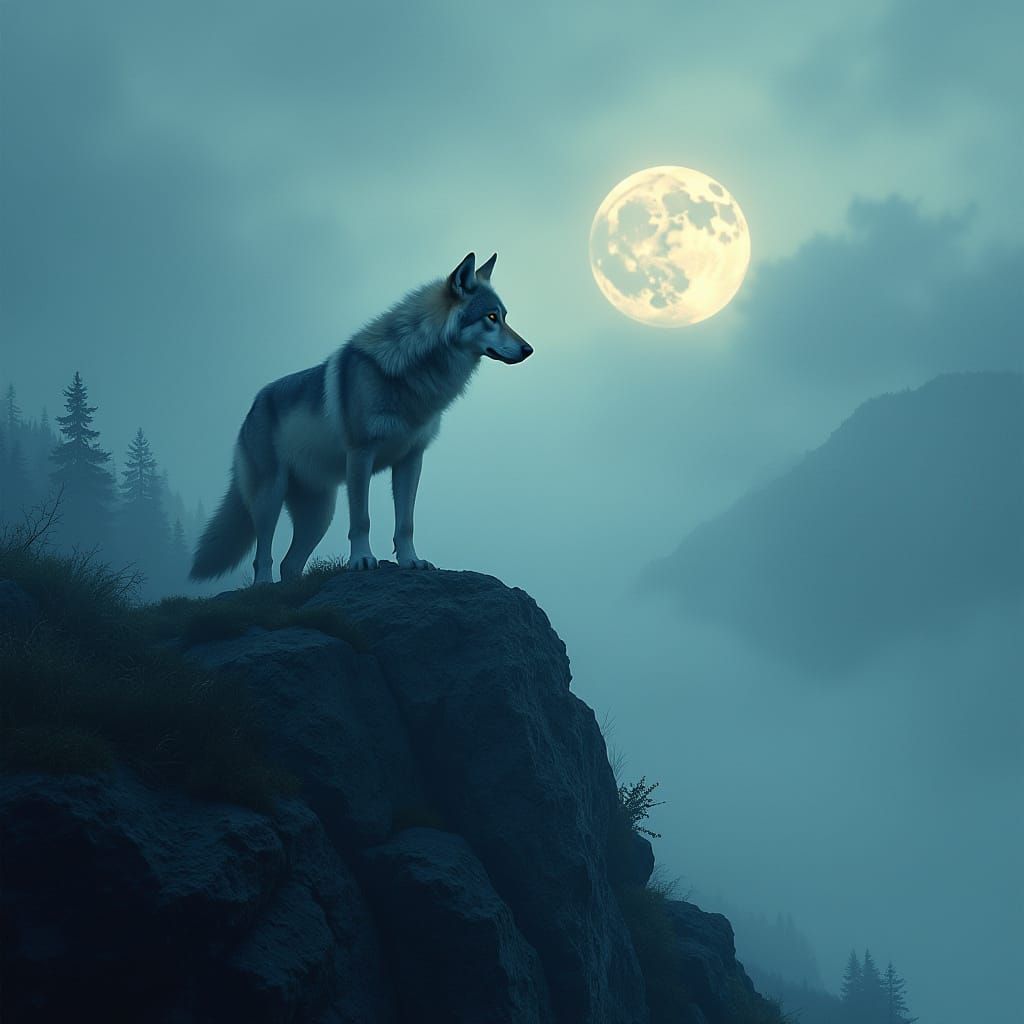 Dreamy Moonlit Wolf on a Rugged Mountainside in Do... - AI Art