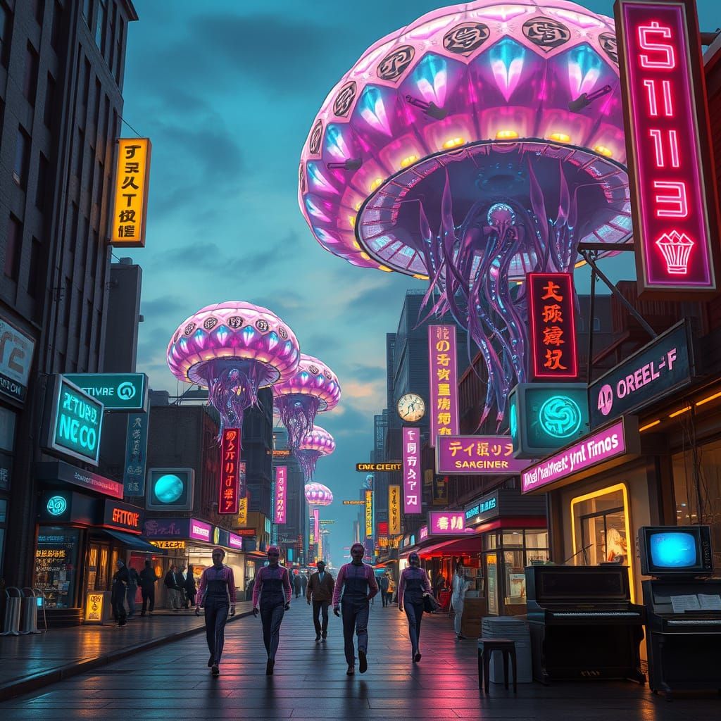 A futuristic city street where giant floating jellyfish illuminate the ...