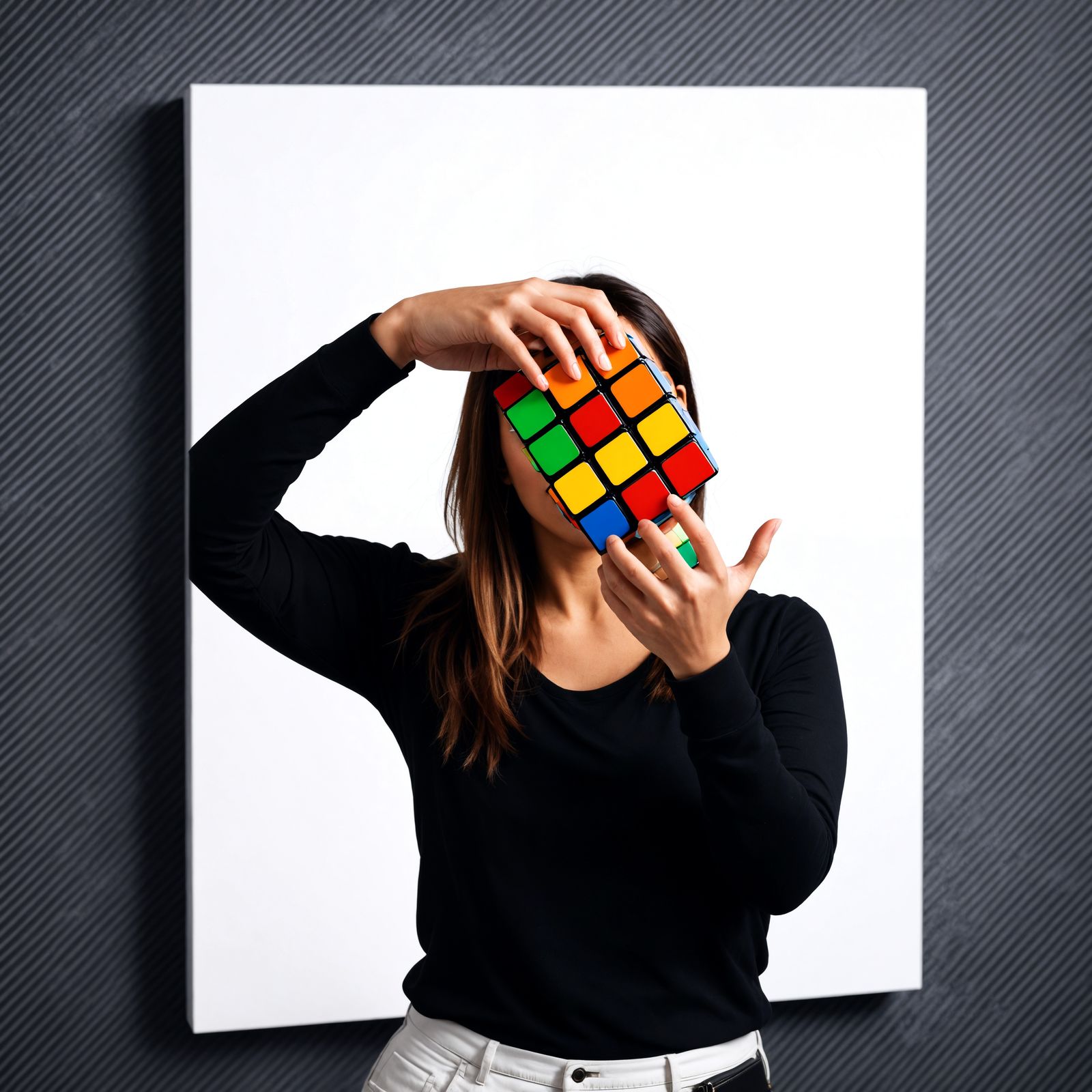 Hyperrealistic Woman Holding a Rubik's Cube in Cin... - AI Art