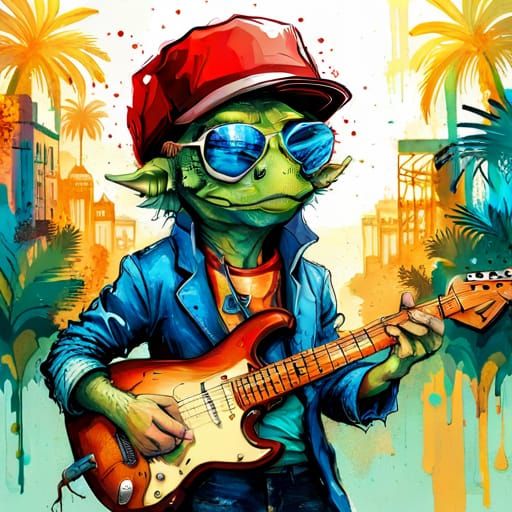 Portrait of adorable urban lizard holding a electric guitar and wearing ...