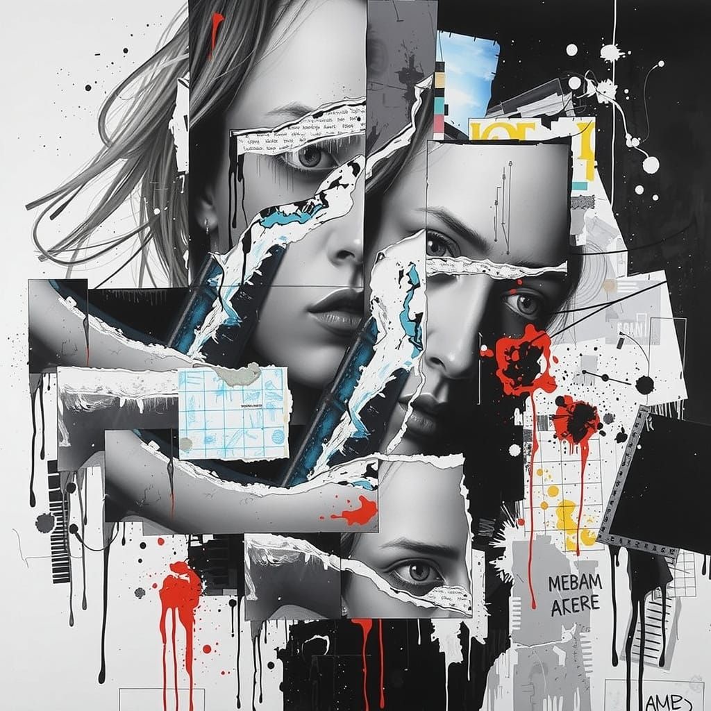Black and white vibrant, abstract collage composed of fragmented human ...