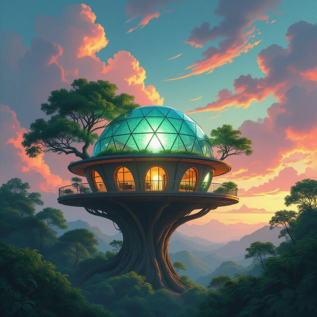 Eco-Friendly Solarpunk Treehouse with Emerald Dome - AI Art
