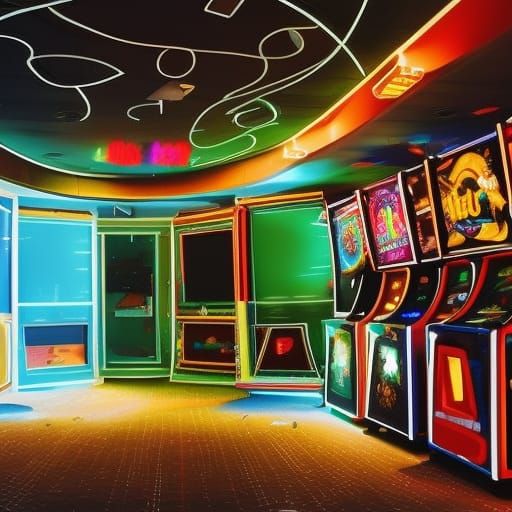 arcade gaming area empty with all the lights - AI Generated Artwork ...