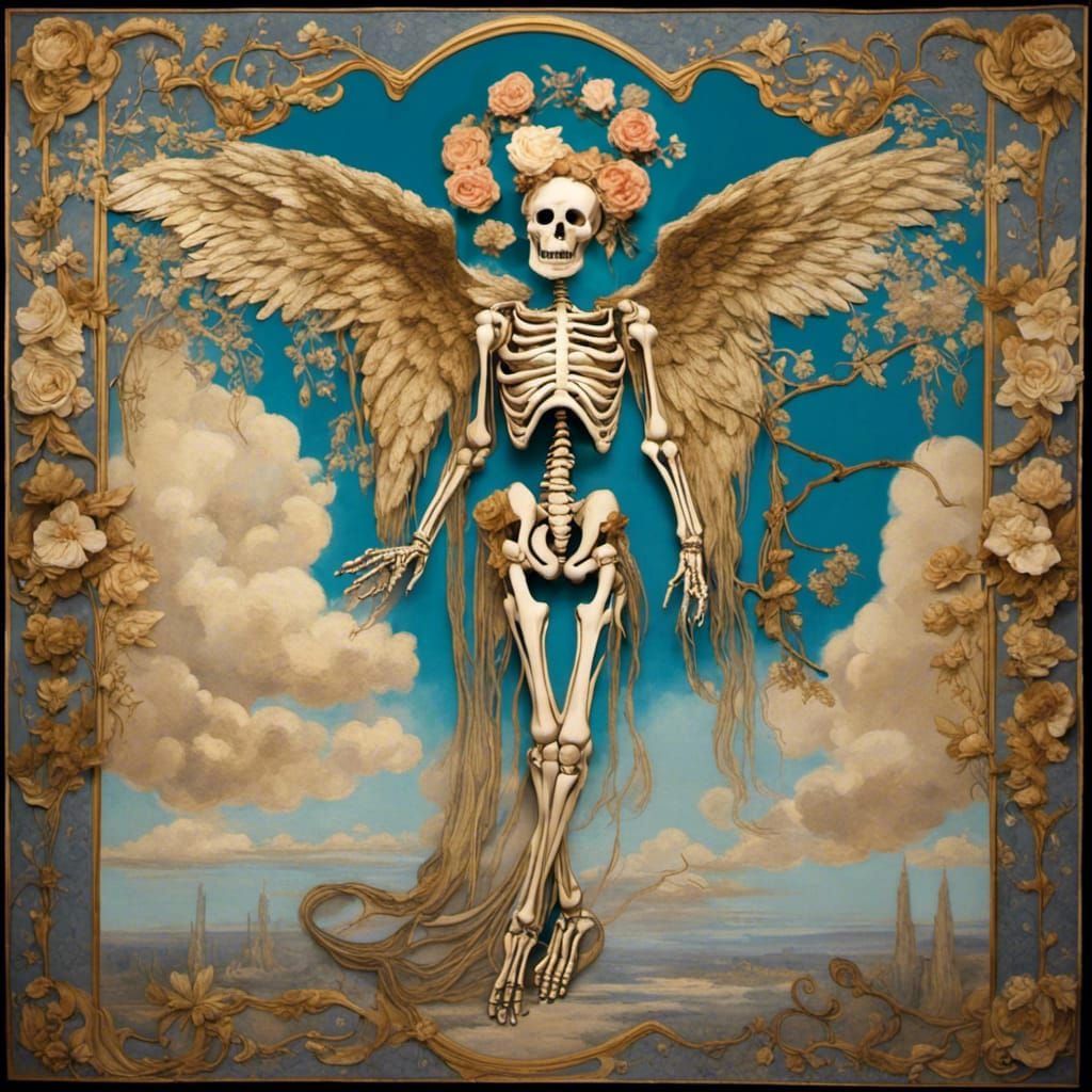 stumpwork;; skeleton angel flowers on her head. cloudy celestail sky ...