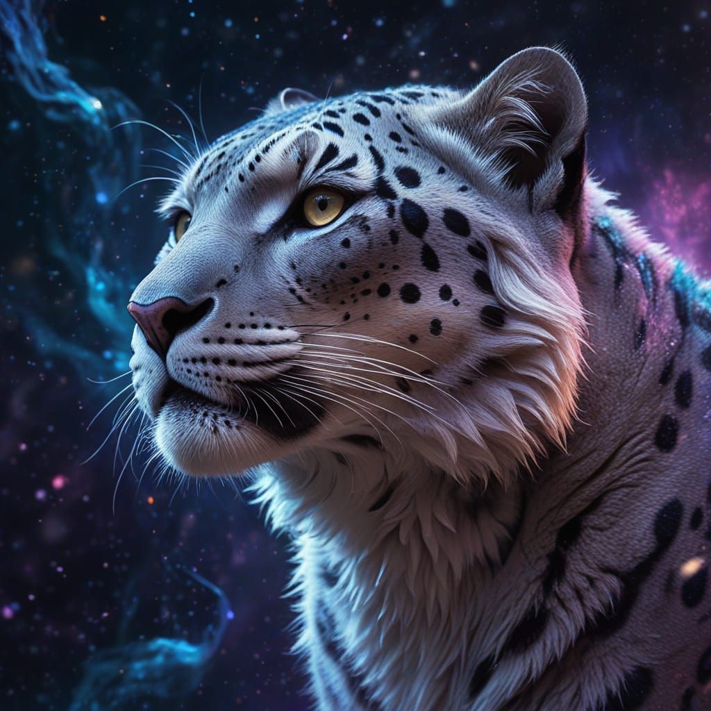 Celestial Guardian - Ethereal Snow Leopard Goddess in Cosmic...