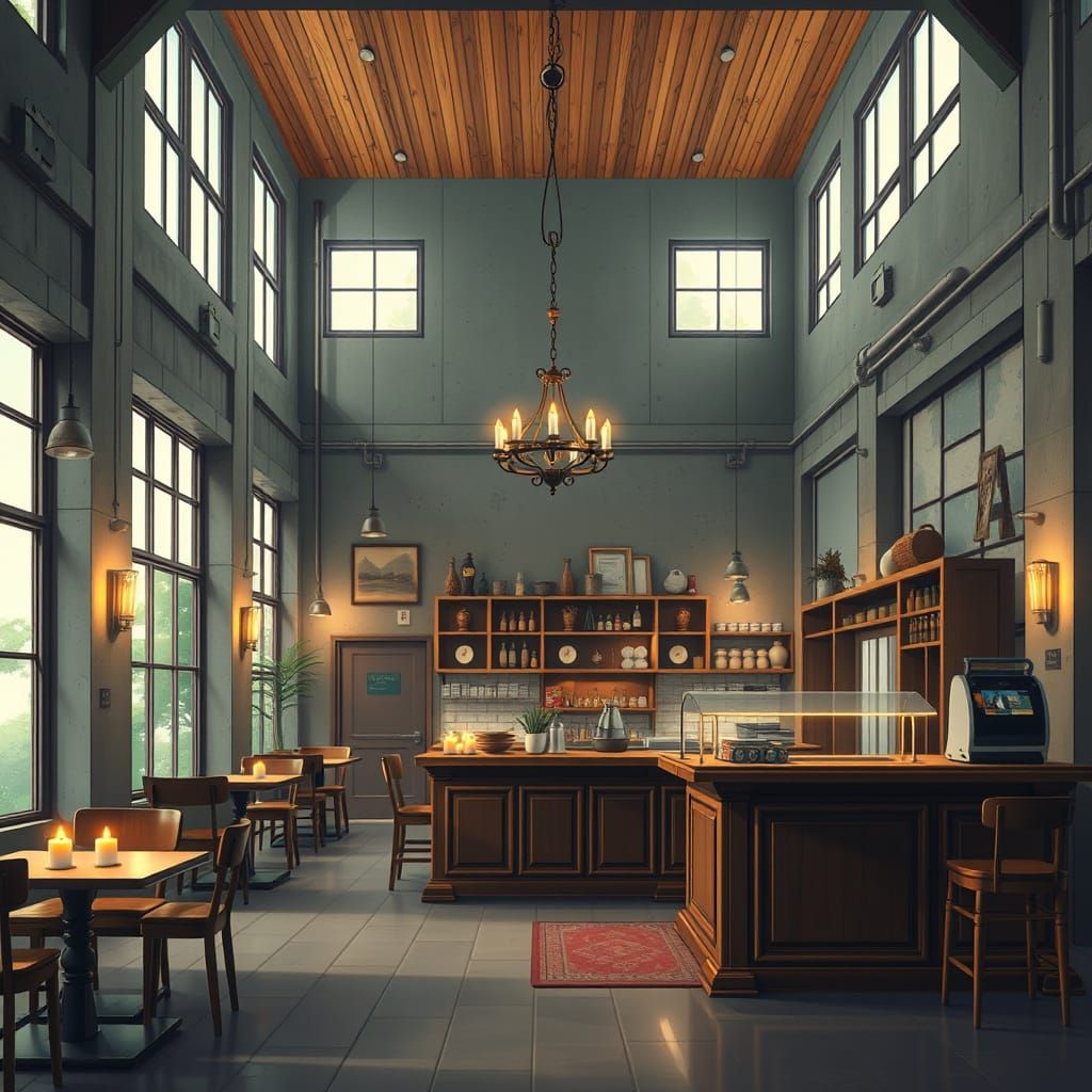 Hyper detailed design of the interior of a large cafe with a small ...