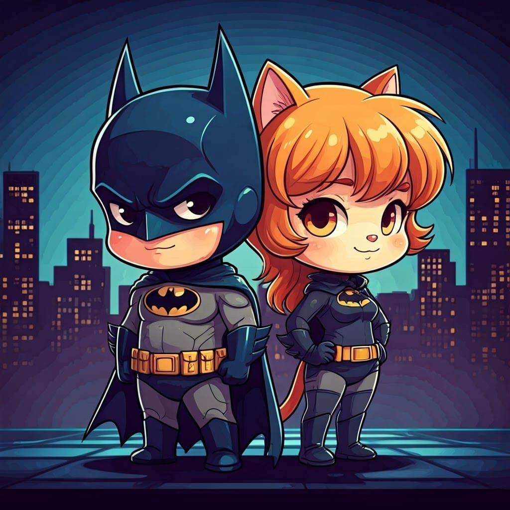 Chibi Batman and Kawaii Catgirl Unite in Vibrant G... - AI Art
