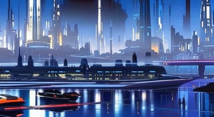 Concept art of a bustling neo-noir city at dusk, the cityscape bathed ...