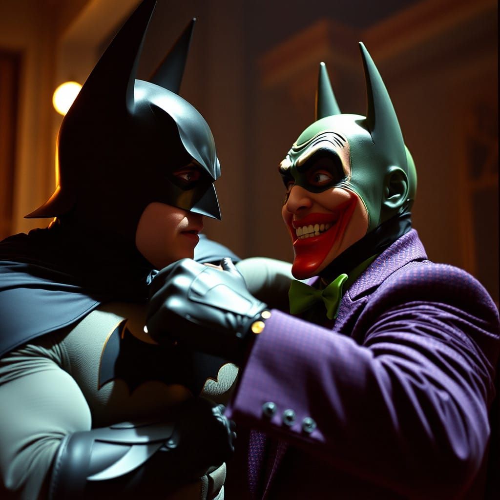 Batman fighting a Bat masked Riddler