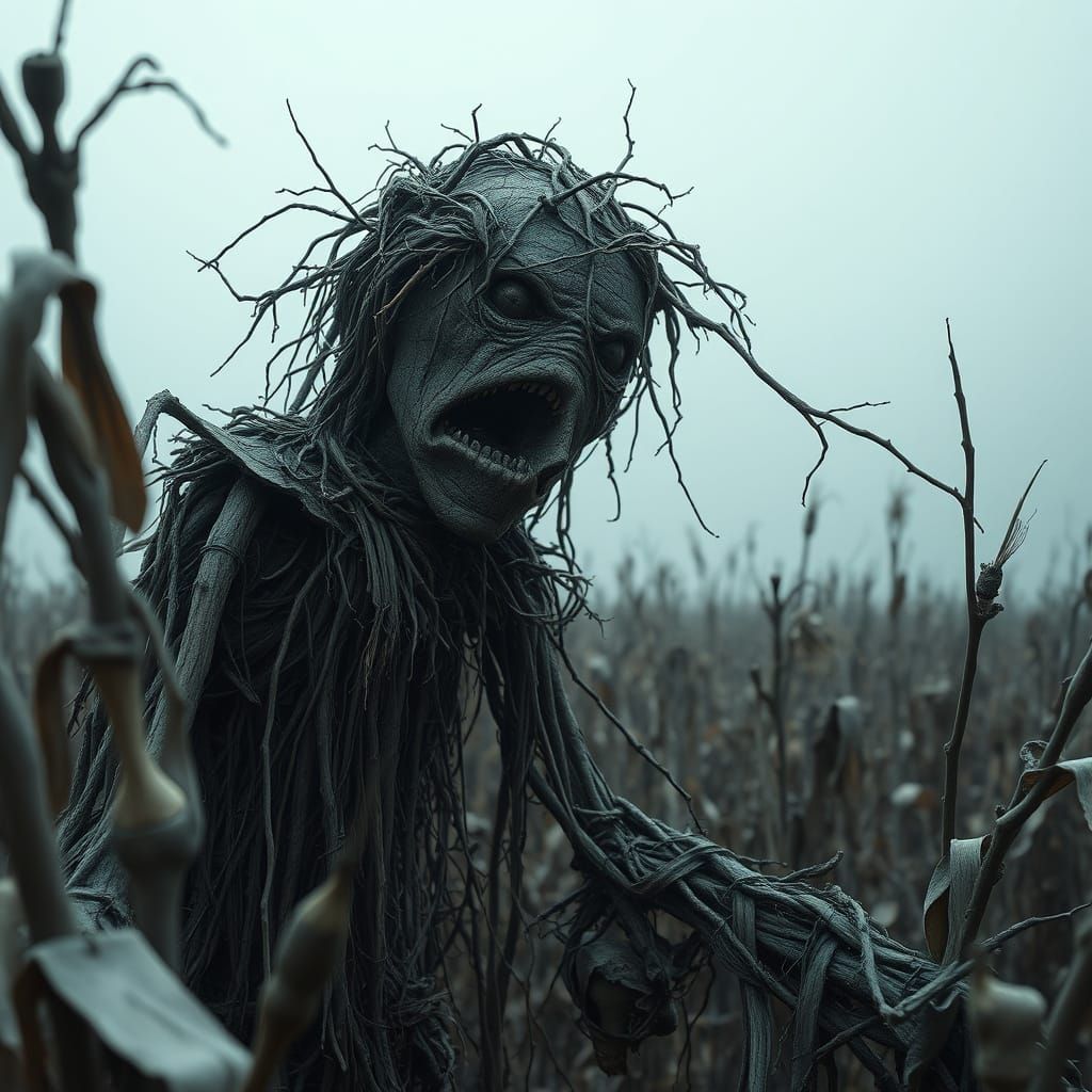 Grotesque Scarecrow Weeping in Desolate Field - AI Art