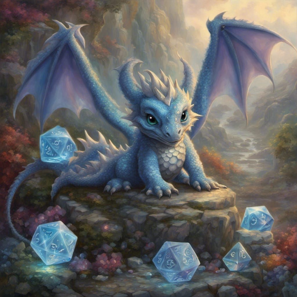 Baby dragon holding D20 surrounded by gems - AI Generated Artwork ...